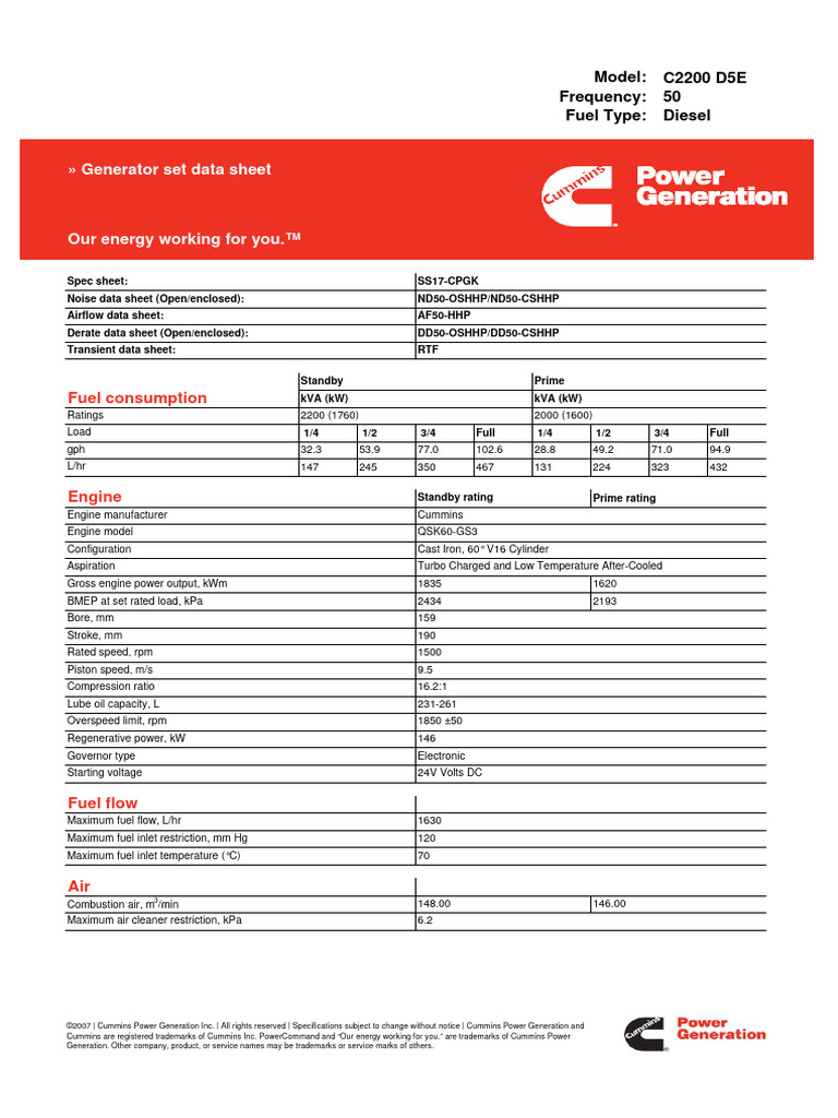 Generator Set Data Sheet: Fuel Consumption | PDF | Engines | Diesel Engine