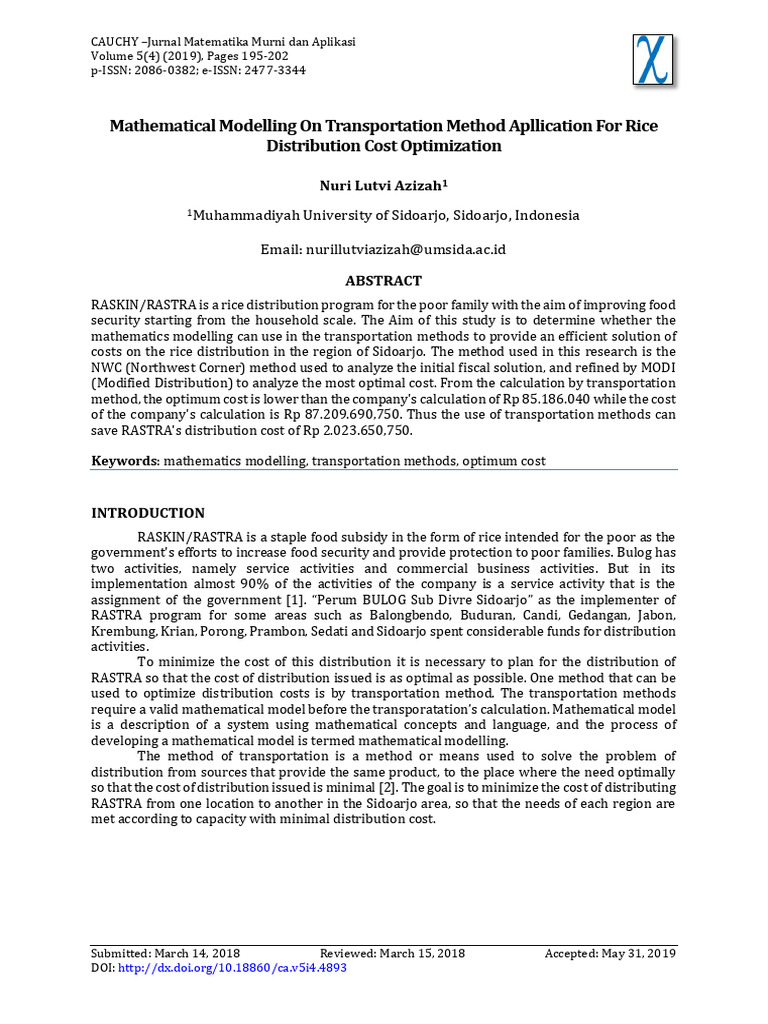 Mathematical Modelling On Transportation Method Ap Pdf Mathematical