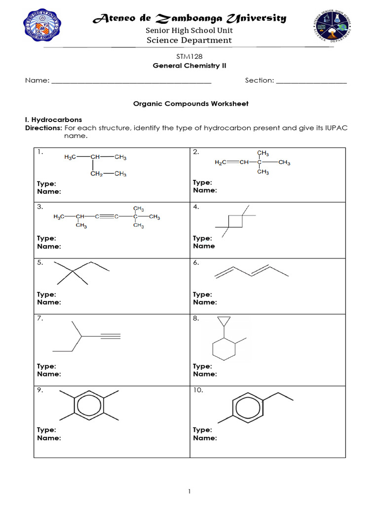 Organic Compounds Worksheet | PDF | Functional Group | Organic Compounds