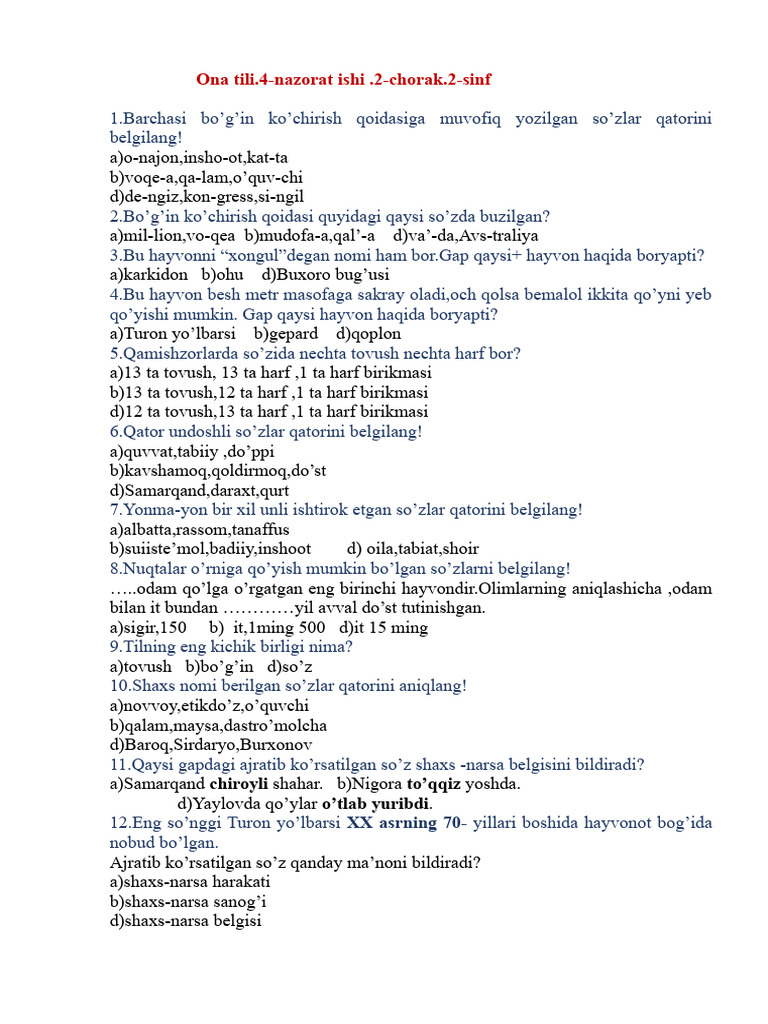 Ona Tili 4-Nazorat Ishi | PDF