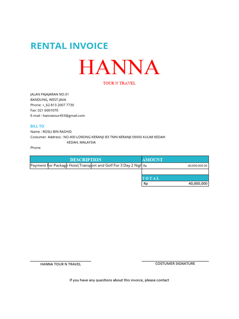 Rental Invoice for Travel Package | PDF