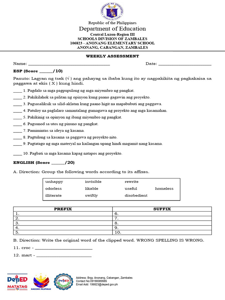 WEEKLY ASSESSMENT g5 | PDF