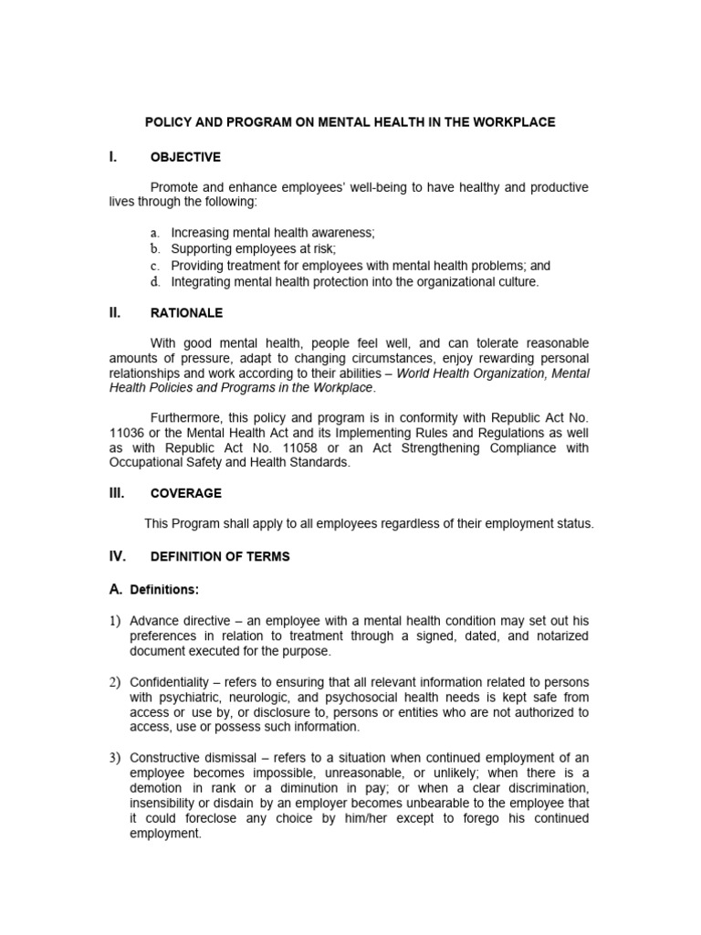 Policy Program On Mental Health in The Workplace | PDF | Mental ...