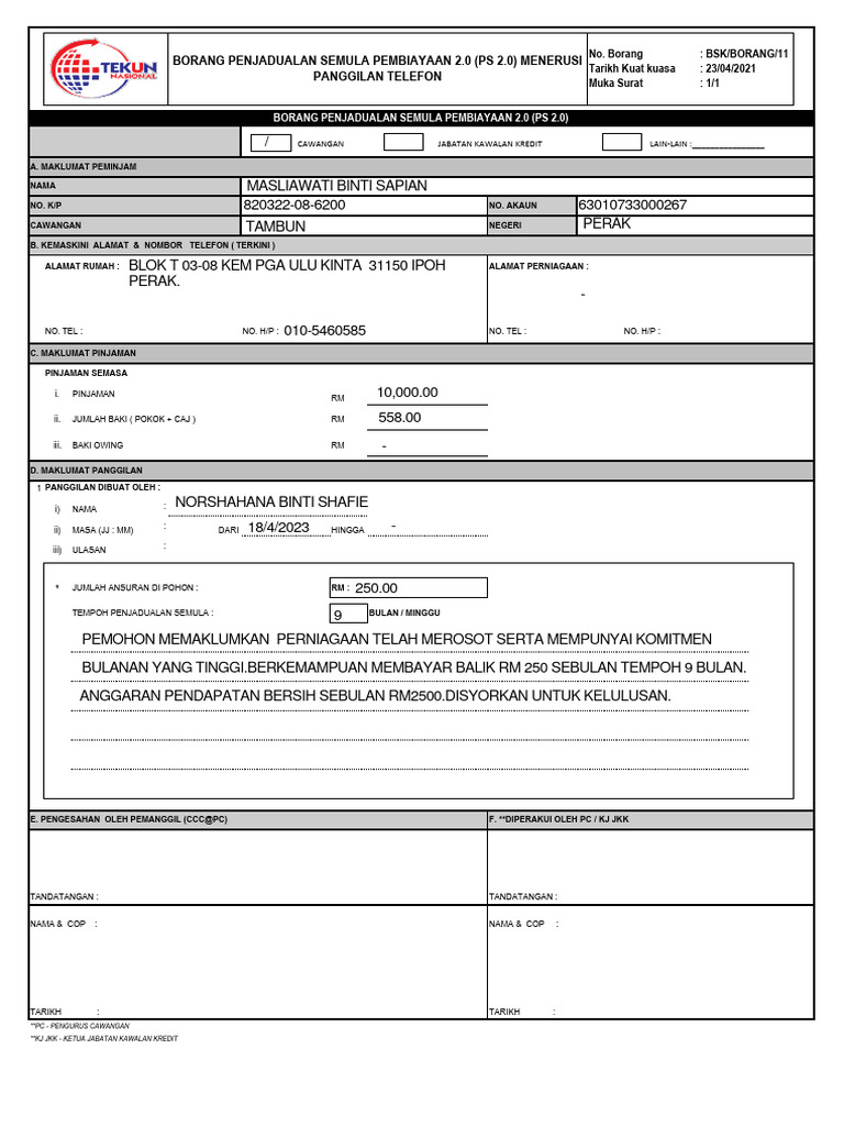 BSK Borang 11 (Pindaan) - Borang Penjadualan Semula Pembiayaan 2.0 (Ps 2.0) Menerusi Panggilan ...