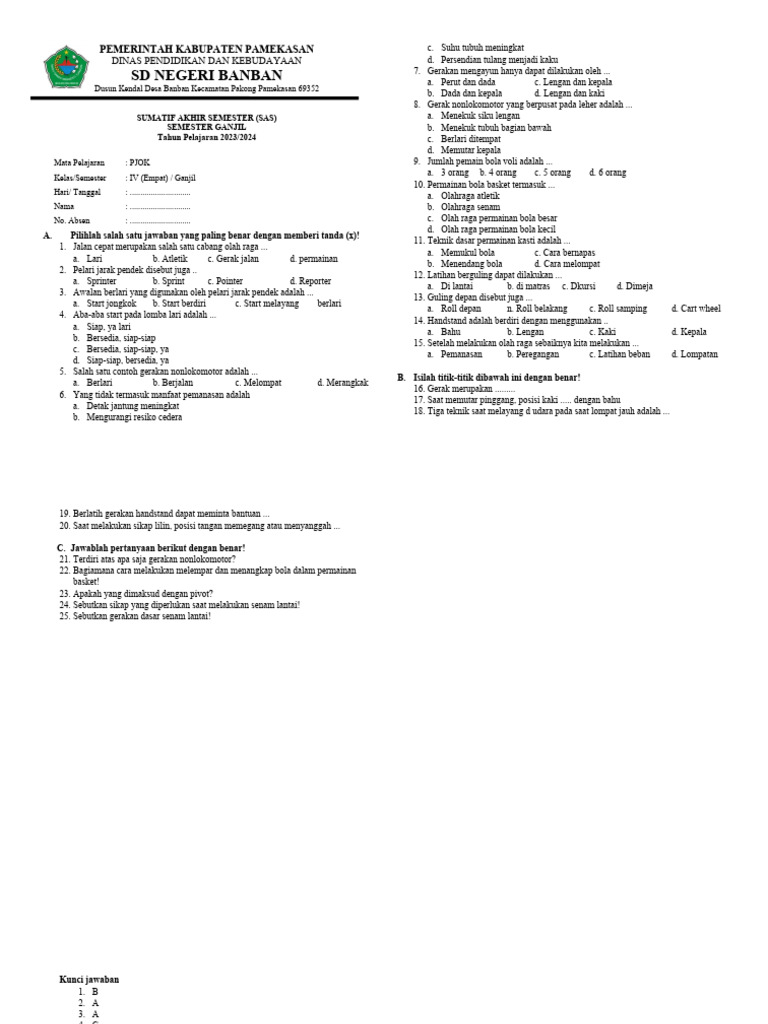 Soal Pjok Kelas 4 Semester Ganil | PDF