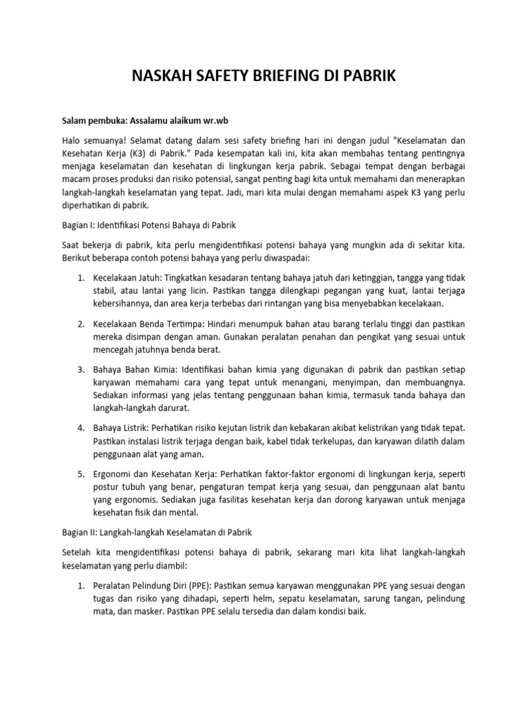 Safety Briefing K3 di Pabrik | PDF