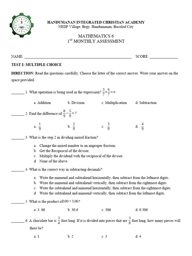 1ST QUARTERLY - MATH 6 (6 Copies) | PDF | Subtraction | Elementary ...