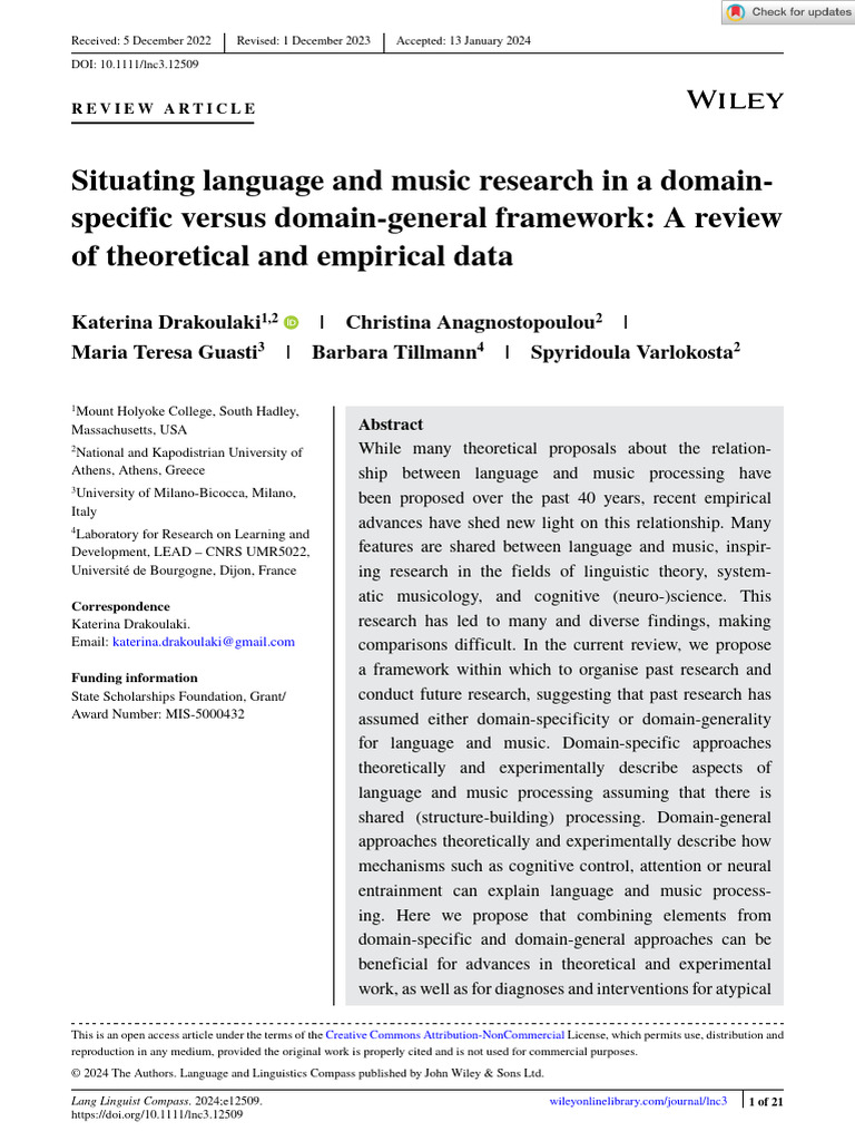 Situating Language and Music Research in A Domain - Specific Versus Domain-General Framework: A ...
