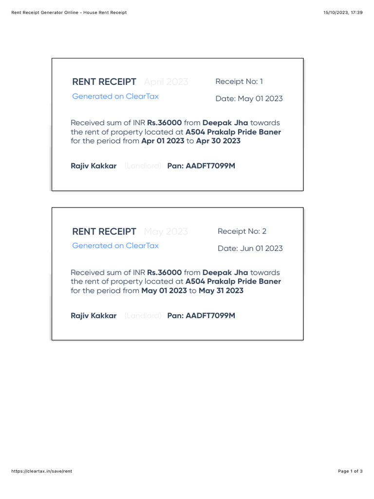 Rent Receipt Generator Online - House Rent Receipt | PDF