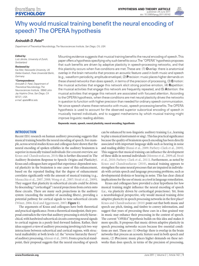 Why Would Musical Training Benefit The Neural Encoding of Speech? The OPERA Hypothesis | PDF ...