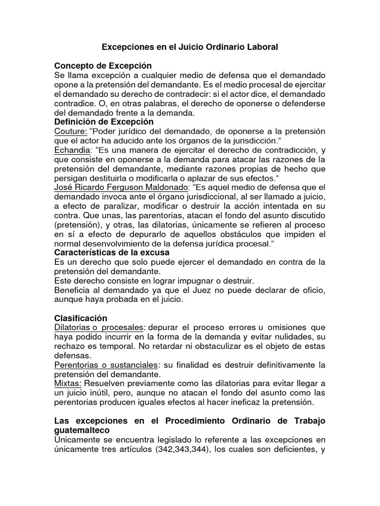Excepciones en El Juicio Ordinario Laboral Concepto de Excepción | PDF ...