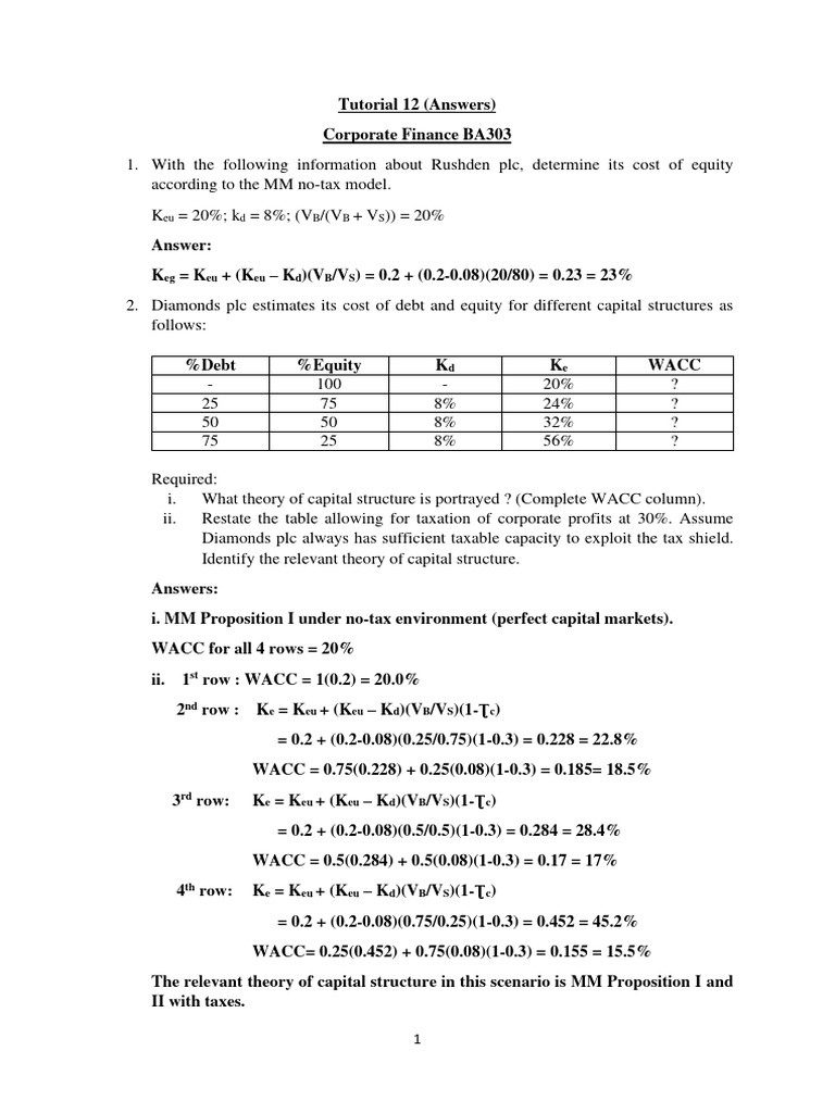 Tutorial 12 - Solution | PDF | Capital Structure | Leverage (Finance)