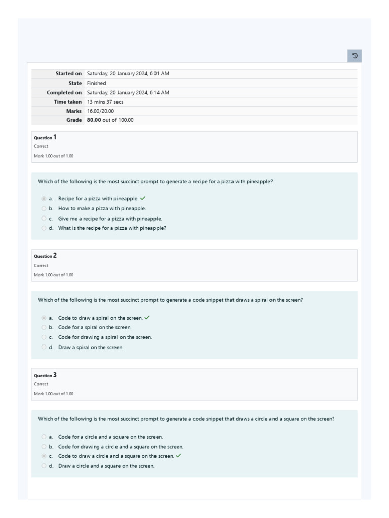 Prompt Engineering Quiz Results | PDF | Computing | Human Communication
