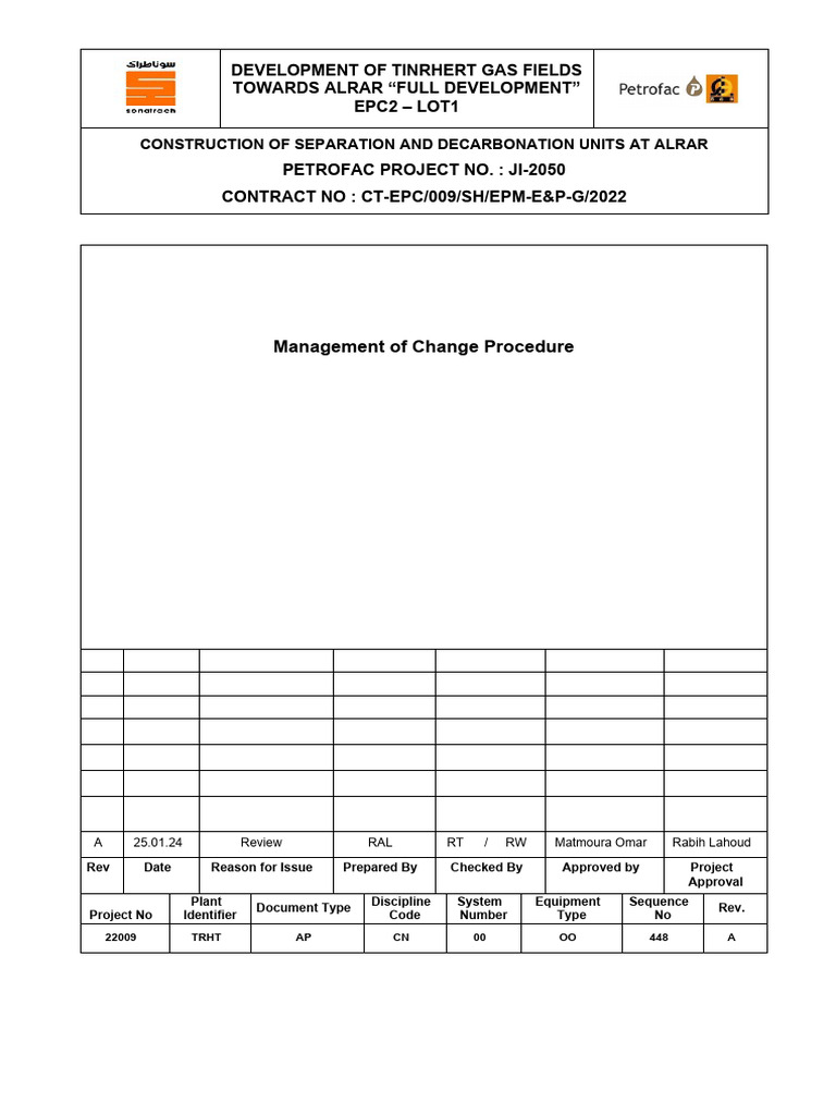 Management of Change Procedure 22009-TRHT-AP-CN-00-OO-448 Rev. A | PDF ...