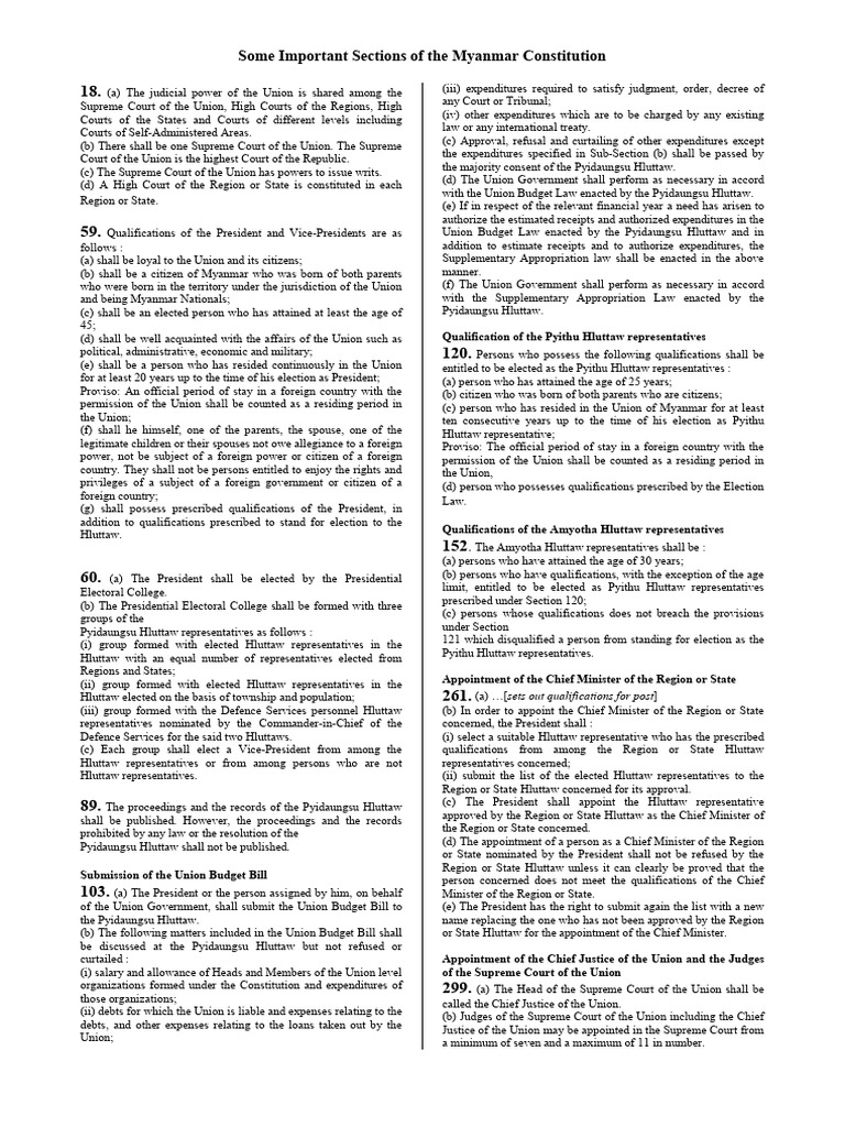 6649 Handout - Some Key Provisions of The Myanmar Constitution | PDF ...