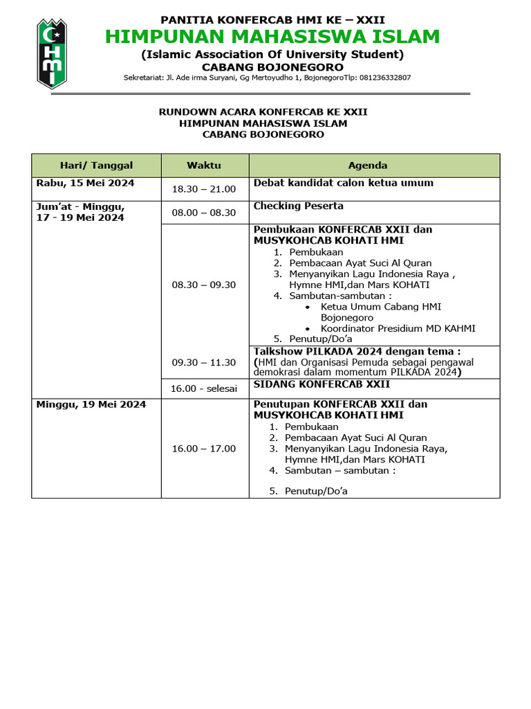 Rundown Acara Konfercab Ke Xxii | PDF