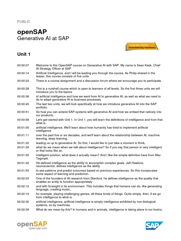openSAP Genai1 Transcript EN | PDF | Artificial Intelligence | Intelligence (AI) & Semantics