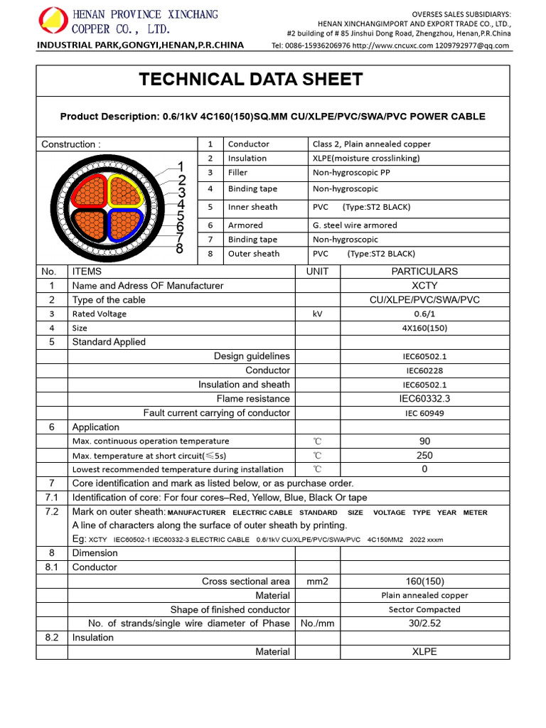 0.6-1kV CU-XLPE-PVC-SWA-PVC 4X160 150 MM2 | PDF | Insulator (Electricity) | Electrical Conductor