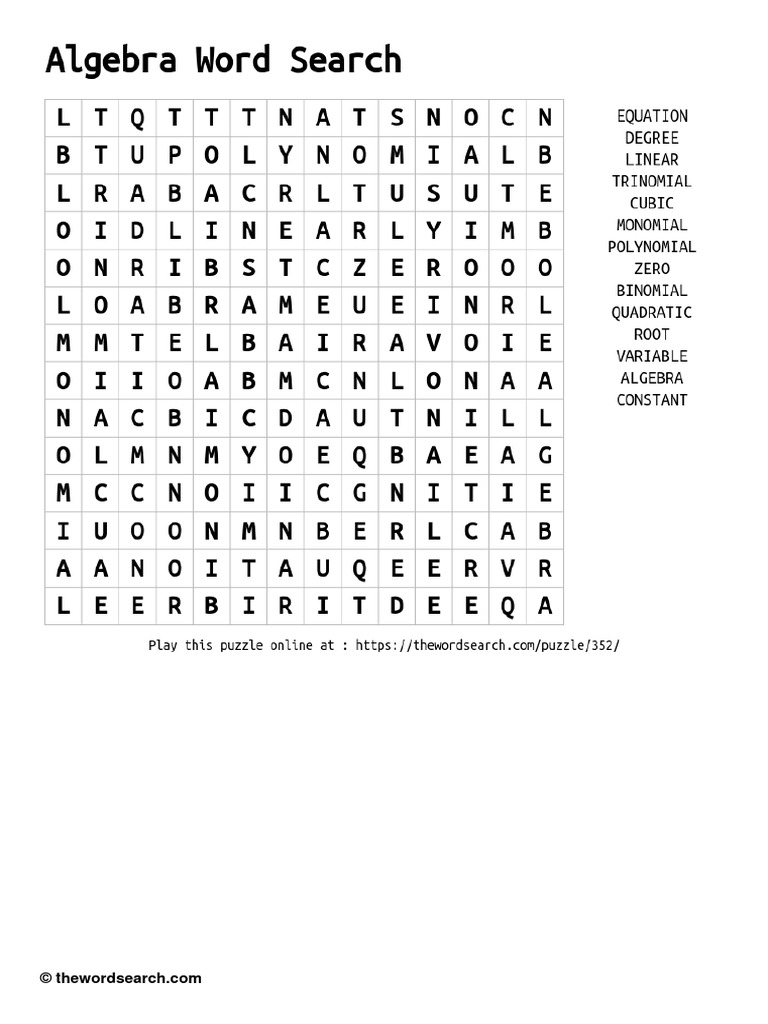 Thewordsearch Com Algebra Word Search 352 | PDF