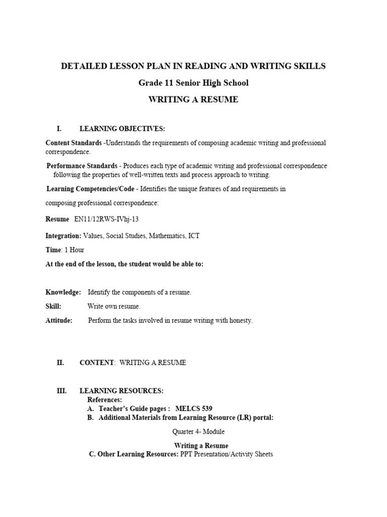 Grade 11 Resume Writing Lesson Plan | PDF | Résumé | Unemployment
