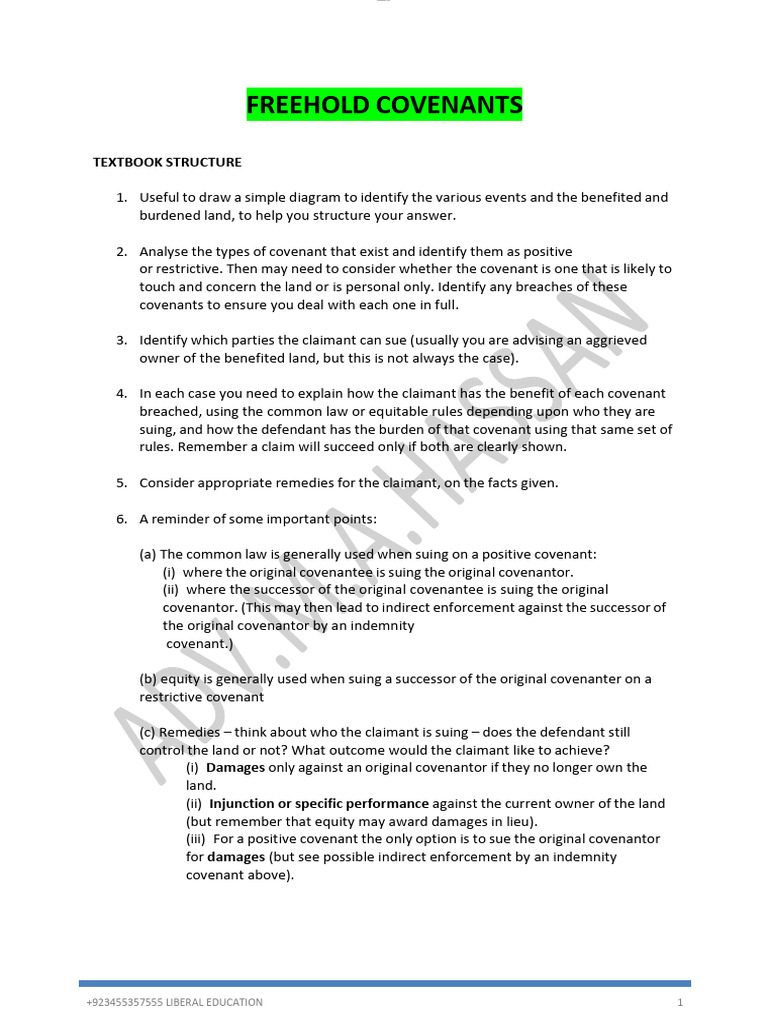 Freehold-Covenants - Notes. A.H | PDF | Covenant (Law) | Equity (Law)