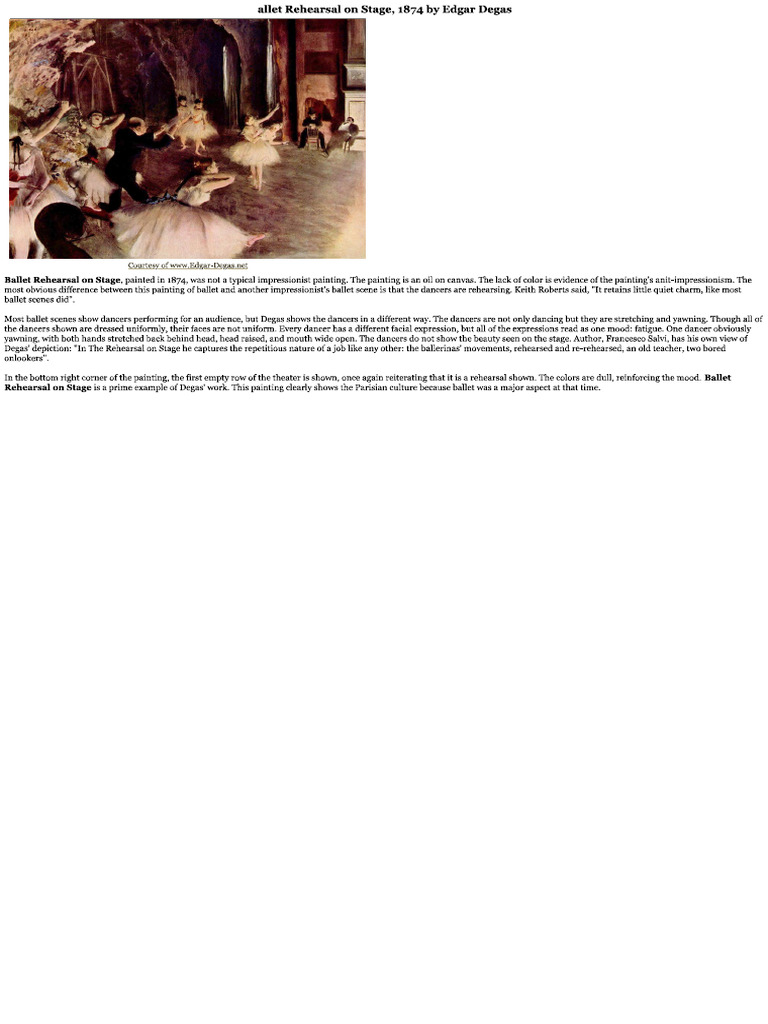 Ballet Rehearsal on Stage, 1874 by Edgar Degas | PDF