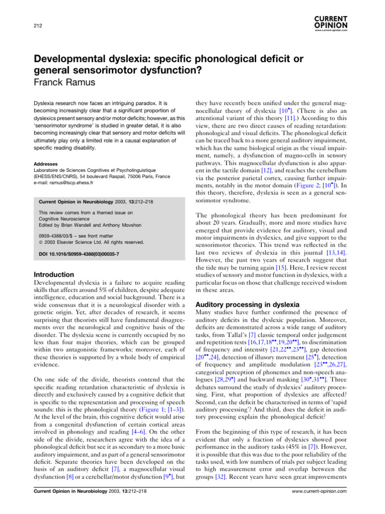 Developmental Dyslexia: Specific Phonological Deficit or General Sensorimotor Dysfunction? | PDF ...