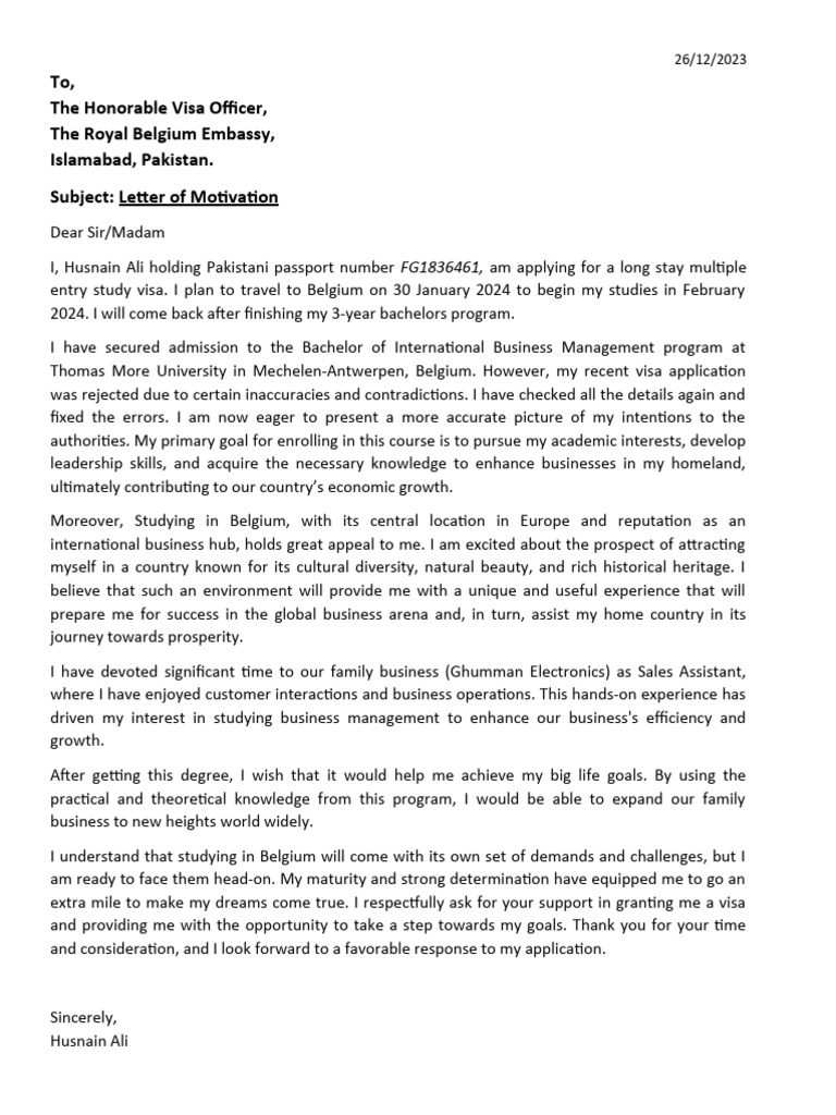 Motivation Letter Hussnain | PDF | Travel Visa | Motivation