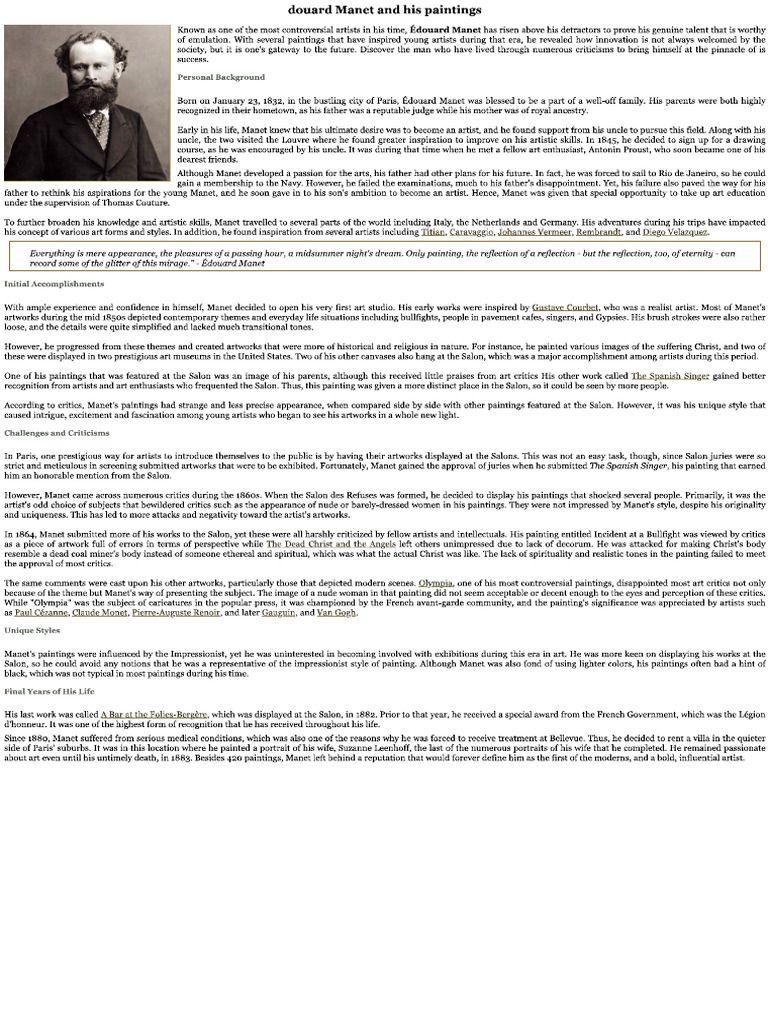 Édouard Manet - Paintings, and Biography of Édouard Manet | PDF
