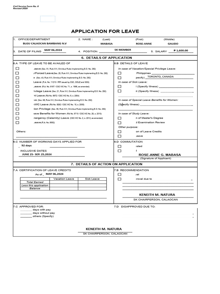 Cs Form No 6 Revised 2020 Application For Leave Fillable Pdf
