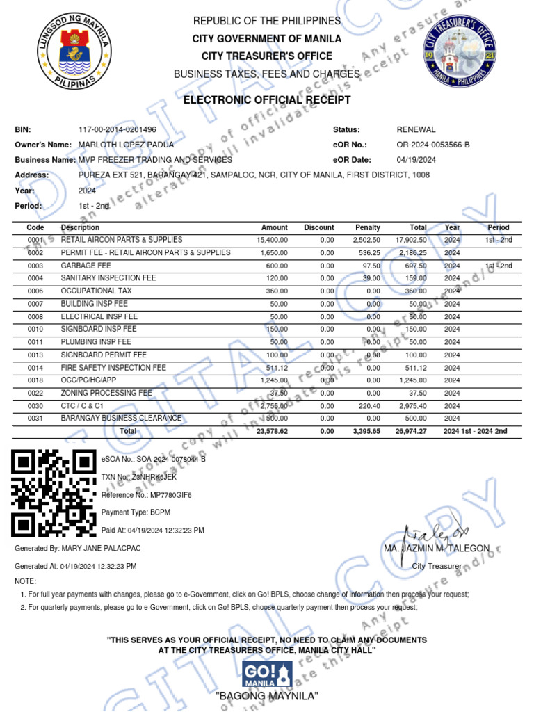 Electronic Official Receipt: City Government of Manila City Treasurer'S ...
