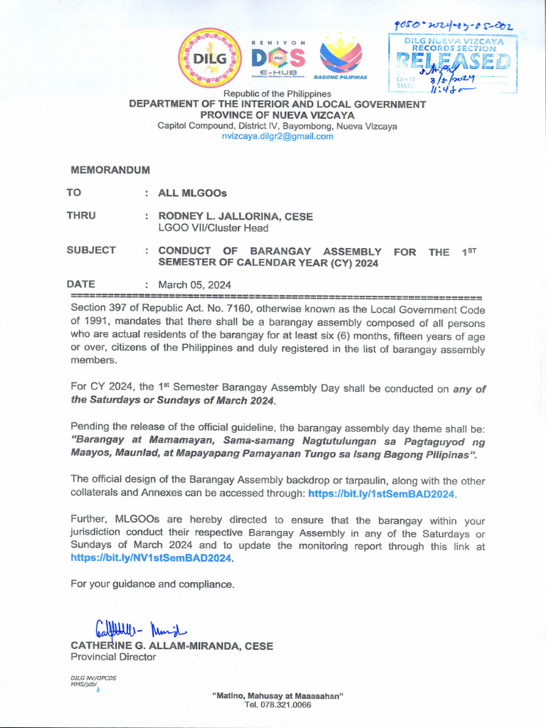 Memo Barangay Assembly 1st 2024 | PDF