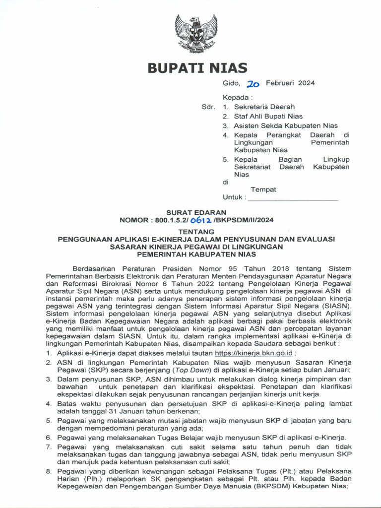 Surat Edaran Penggunaan Aplikasi E-Kinerja | PDF