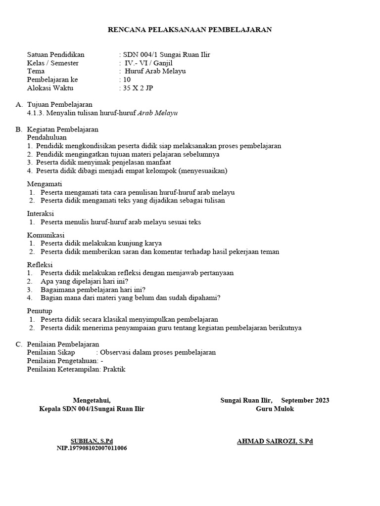 Contoh RPP Kelas Mapel Arab Melayu | PDF | Karier & Perkembangan | Seni ...