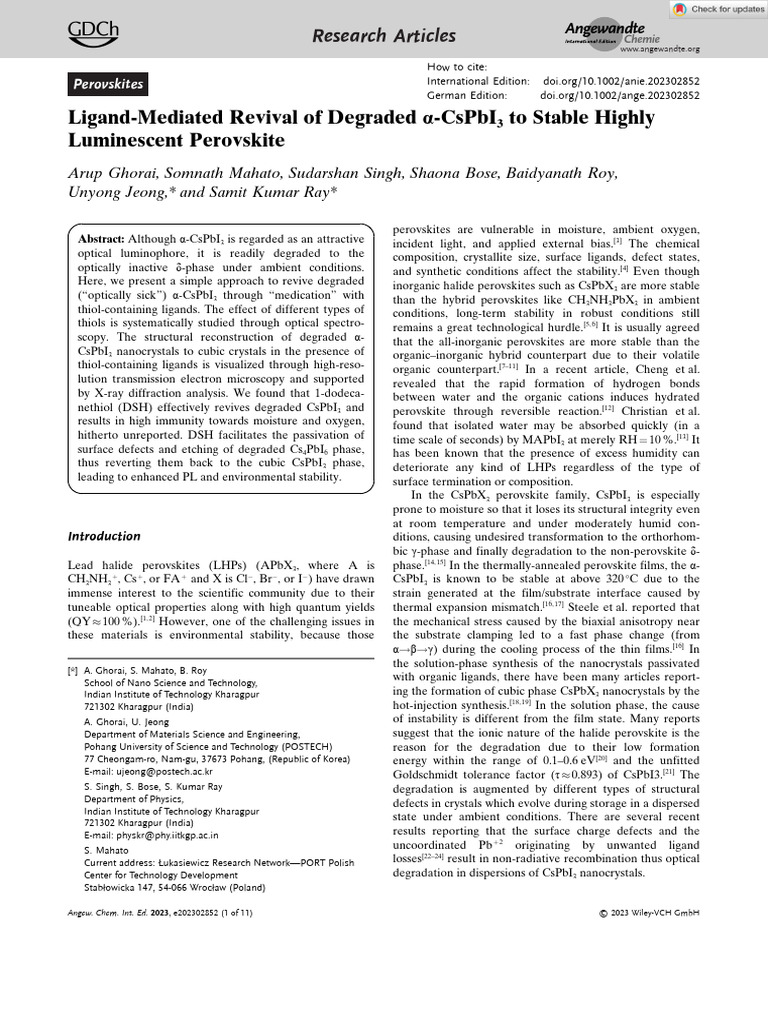 Angew Chem - Ligand Mediated Revival of Degraded CsPbI3 To Stable ...