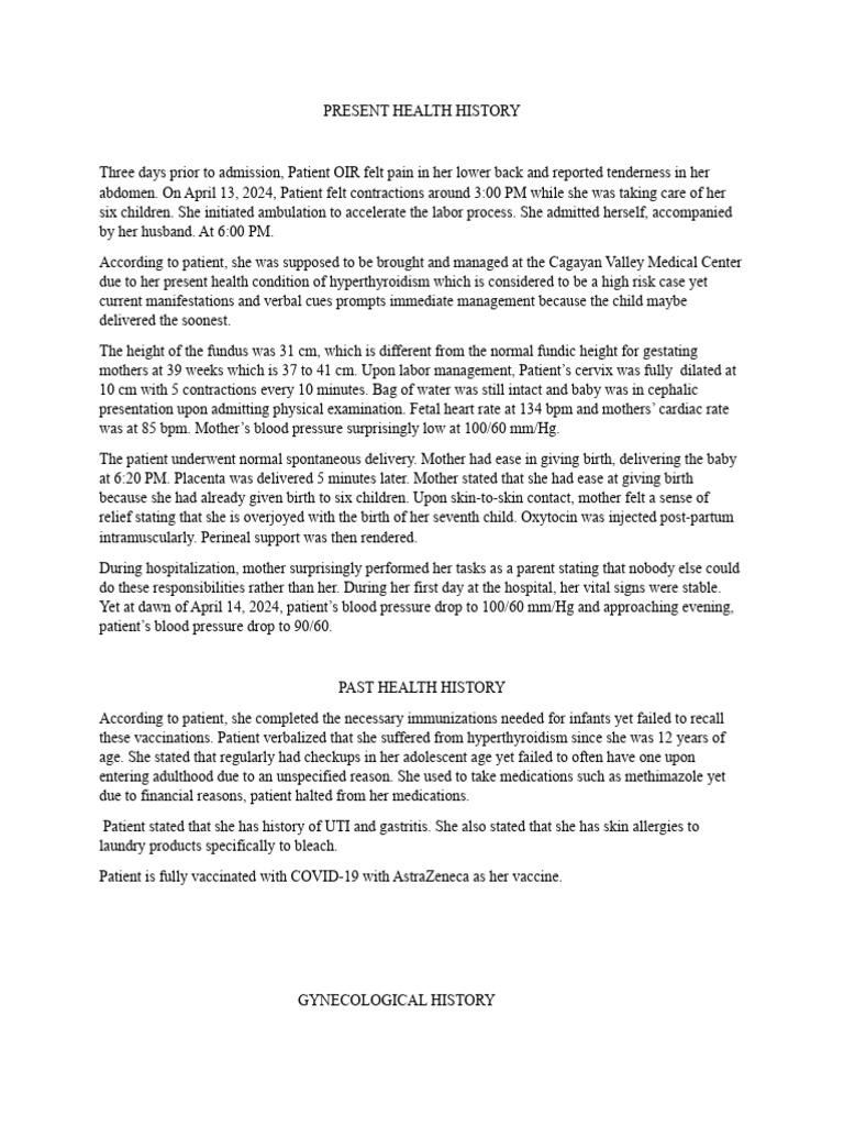 Present Health History 1 | PDF | Childbirth | Menstruation