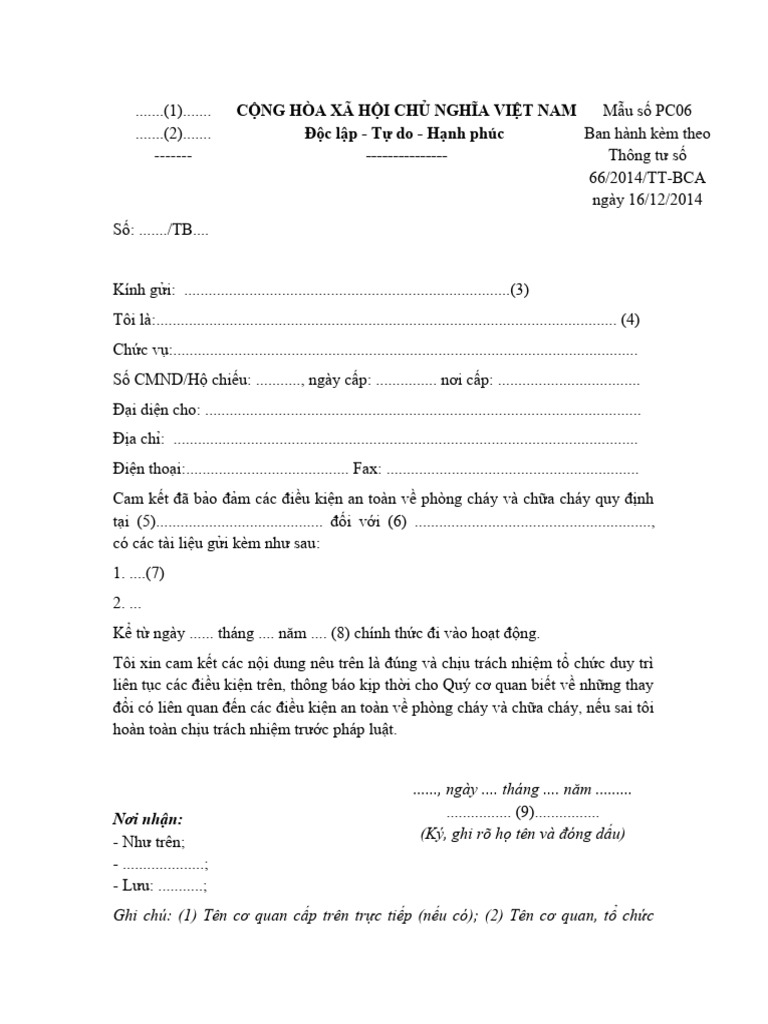 Mẫu số PC06. THÔNG BÁO Về việc bảo đảm các điều kiện an toàn về phòng cháy và chữa cháy | PDF