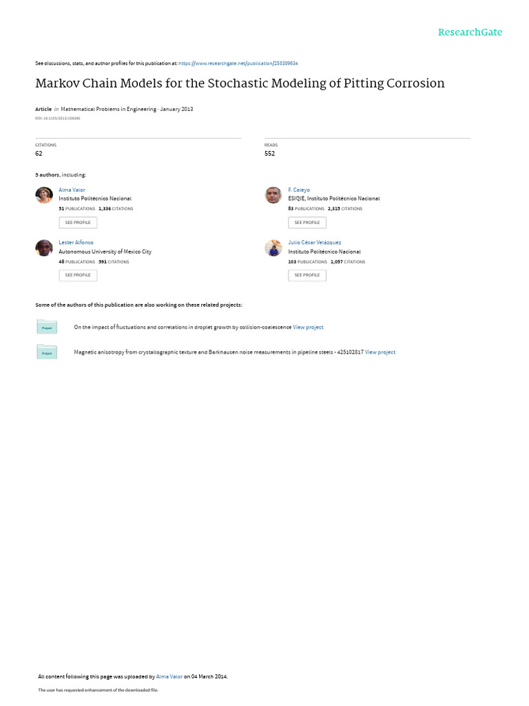 Markov Chain Models For The Stochastic Modeling of Pitting Corrosion | PDF | Markov Chain ...