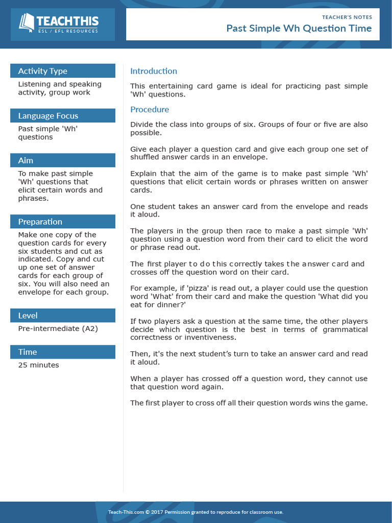 past-simple-wh-question-time | PDF | Question | English As A Second Or ...