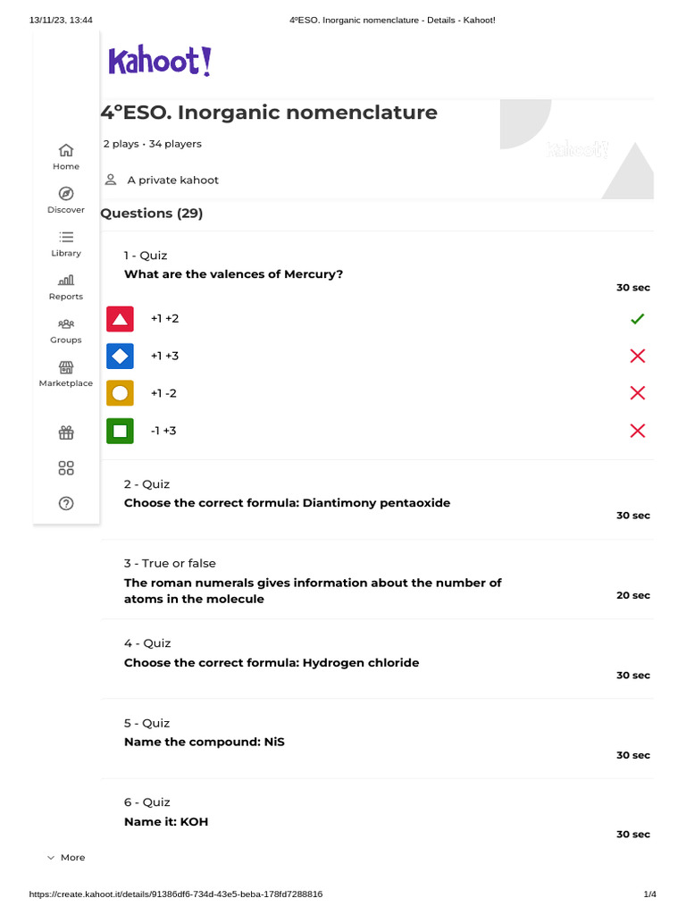 4ºESO. Inorganic Nomenclature - Details - Kahoot! | PDF | Valence ...