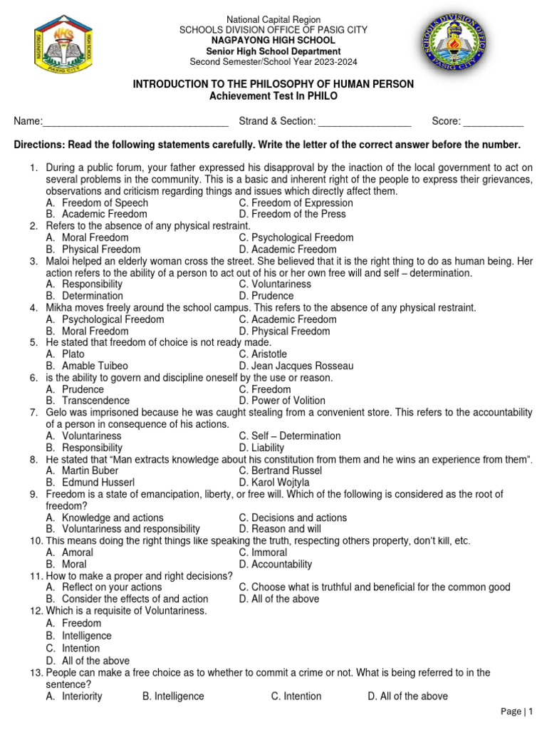 Achievement Test in Philosophy of Human Person | PDF | Society | Disability