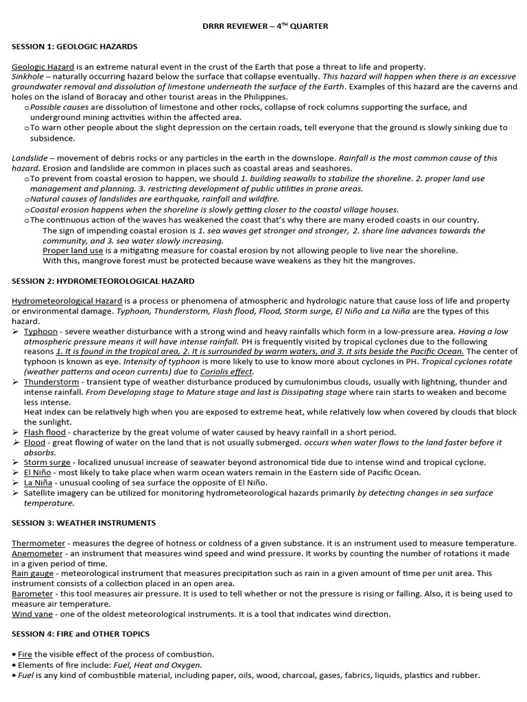 DRRR SCIENCE REVIEWER 4th Quarter | PDF | Tropical Cyclones | Fires