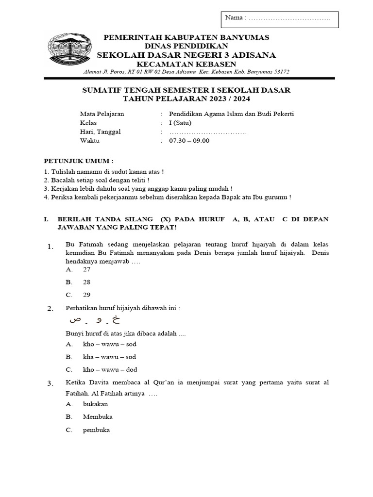 SOAL & KISI-KISI STS 1 PAI Kelas 1 IKM | PDF