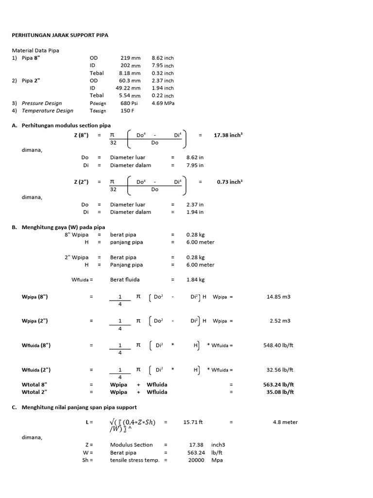 Perhitungan Jarak Support Pipa | PDF | Pressure | Mechanics