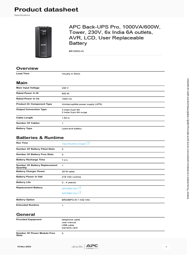 APC BackUPS-Pro BR1000G-IN | PDF | Mains Electricity | Power Supply