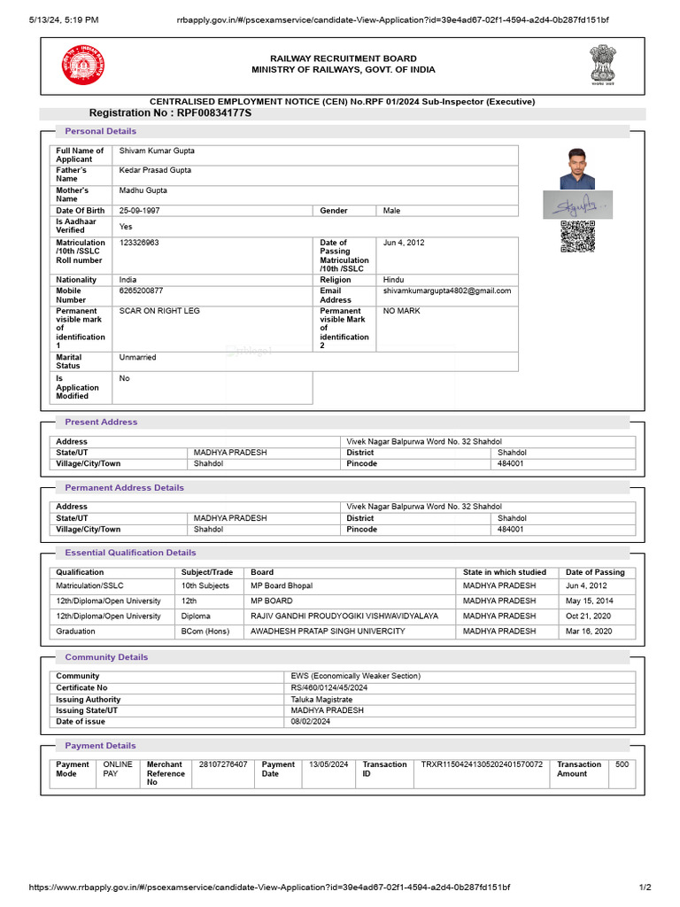 RPF 2024 Sub-Inspector Application Details | PDF