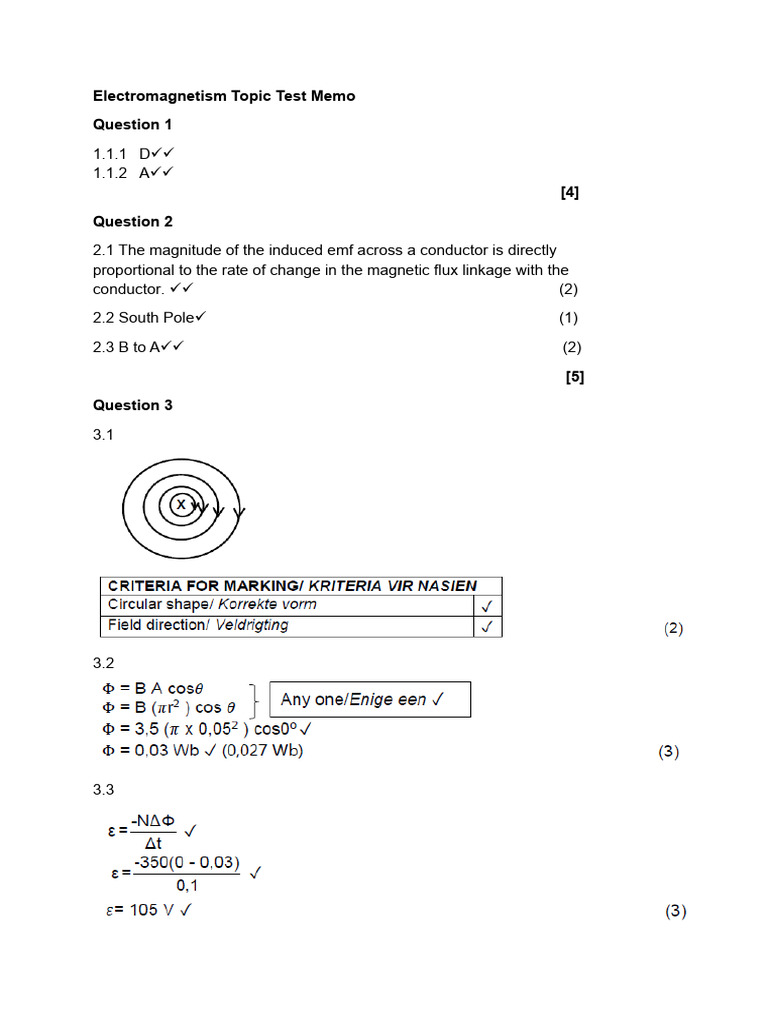 Electromagnetism Test Memo Answers | PDF