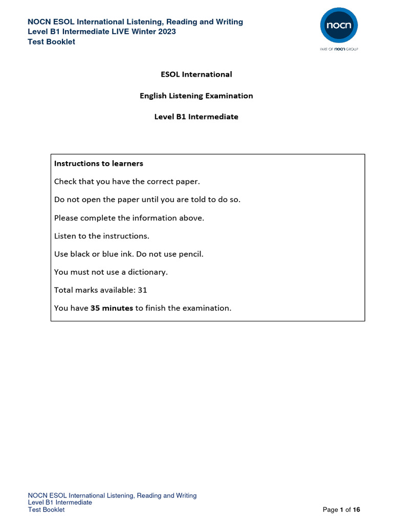 ESOL International English Listening Examination Level B1 Intermediate ...