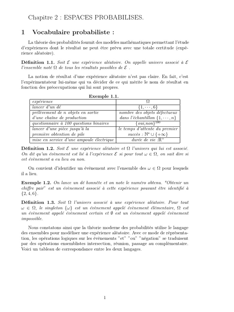 Introduction aux Espaces Probabilisés | PDF | Inclusion (mathématiques ...