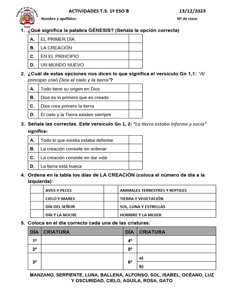 Actividades sobre la Creación para Niños | PDF | Libro del Génesis | Tierra